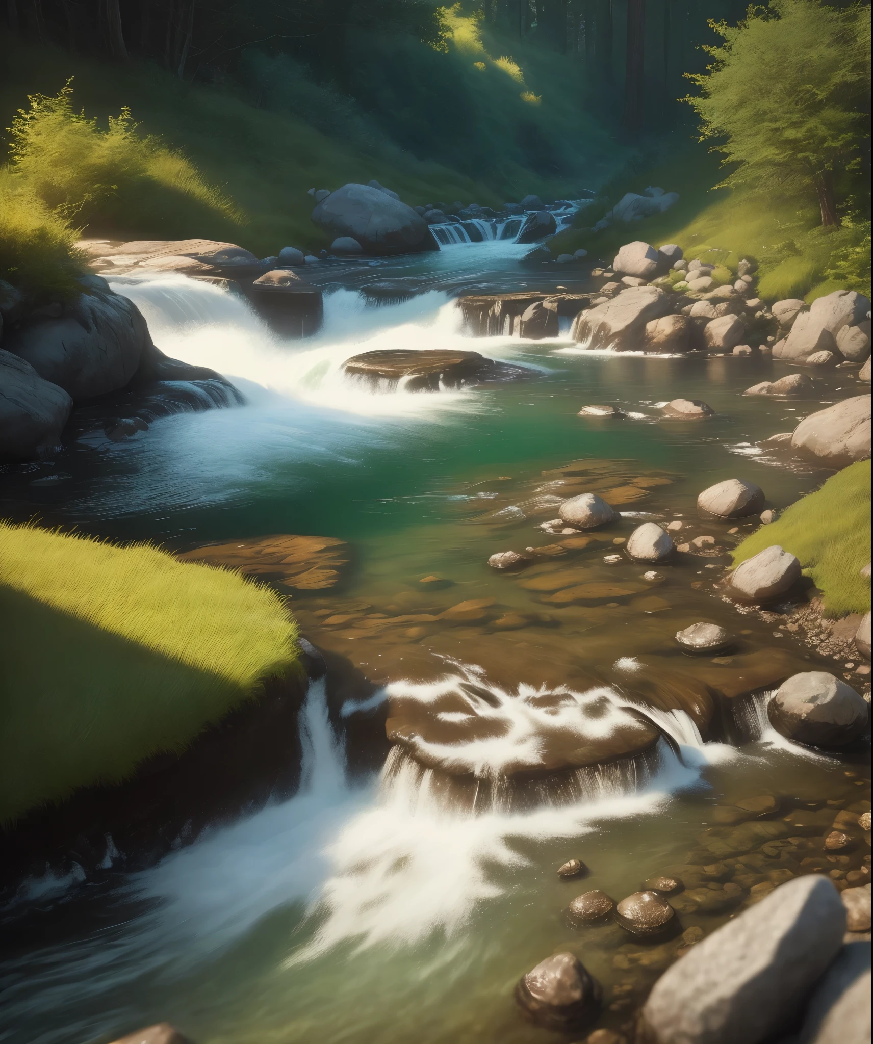 There is a stream running through a forest filled with rocks - SeaArt AI