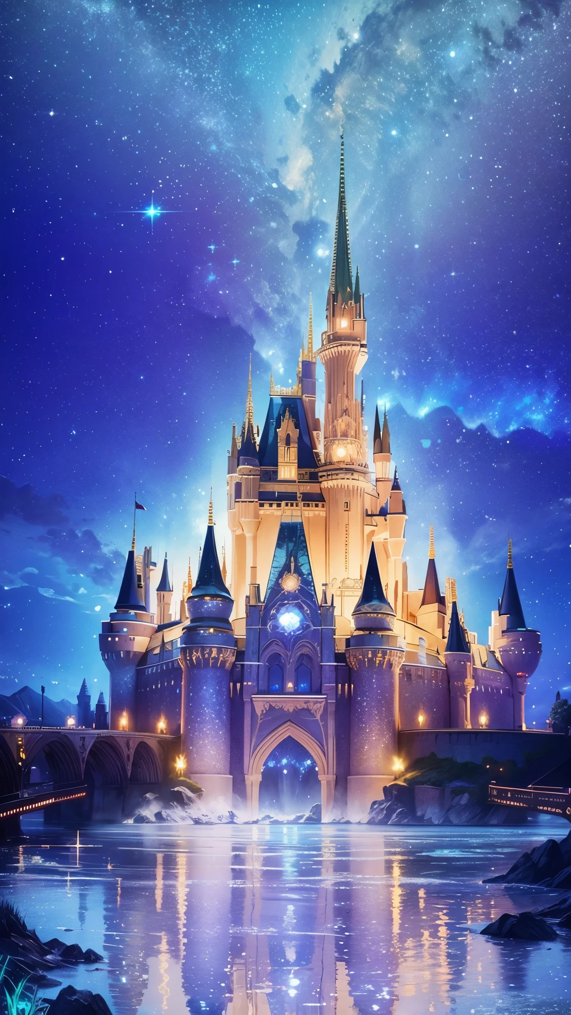 A castle with a clock tower and a lake in front of it - SeaArt AI