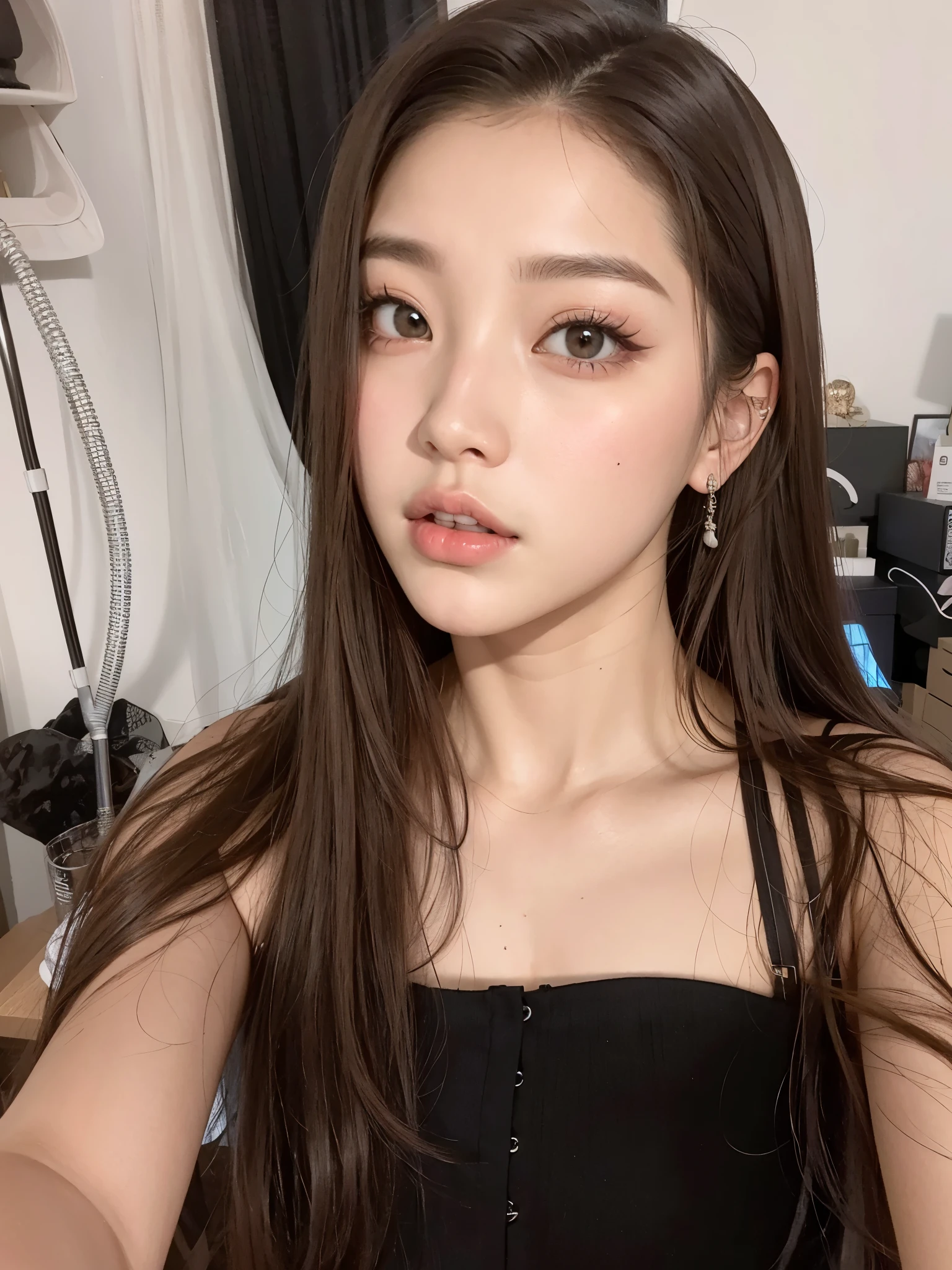 A close up of a woman with long hair wearing a black dress - SeaArt AI