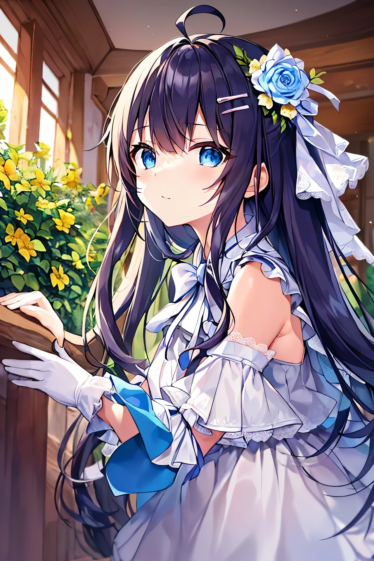 Anime girl in a blue dress with long hair and a flower in her hair ...