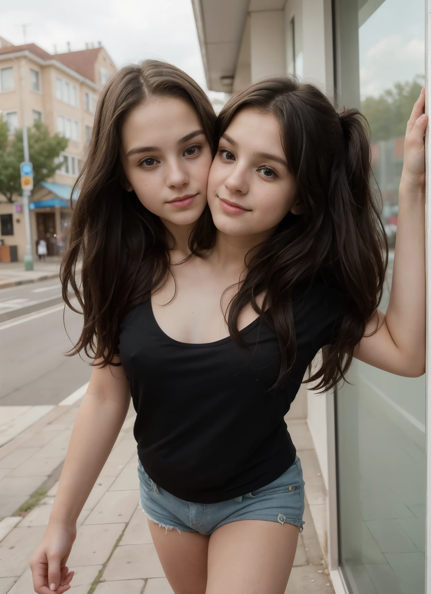 Two young women standing next to each other on a sidewalk - SeaArt AI