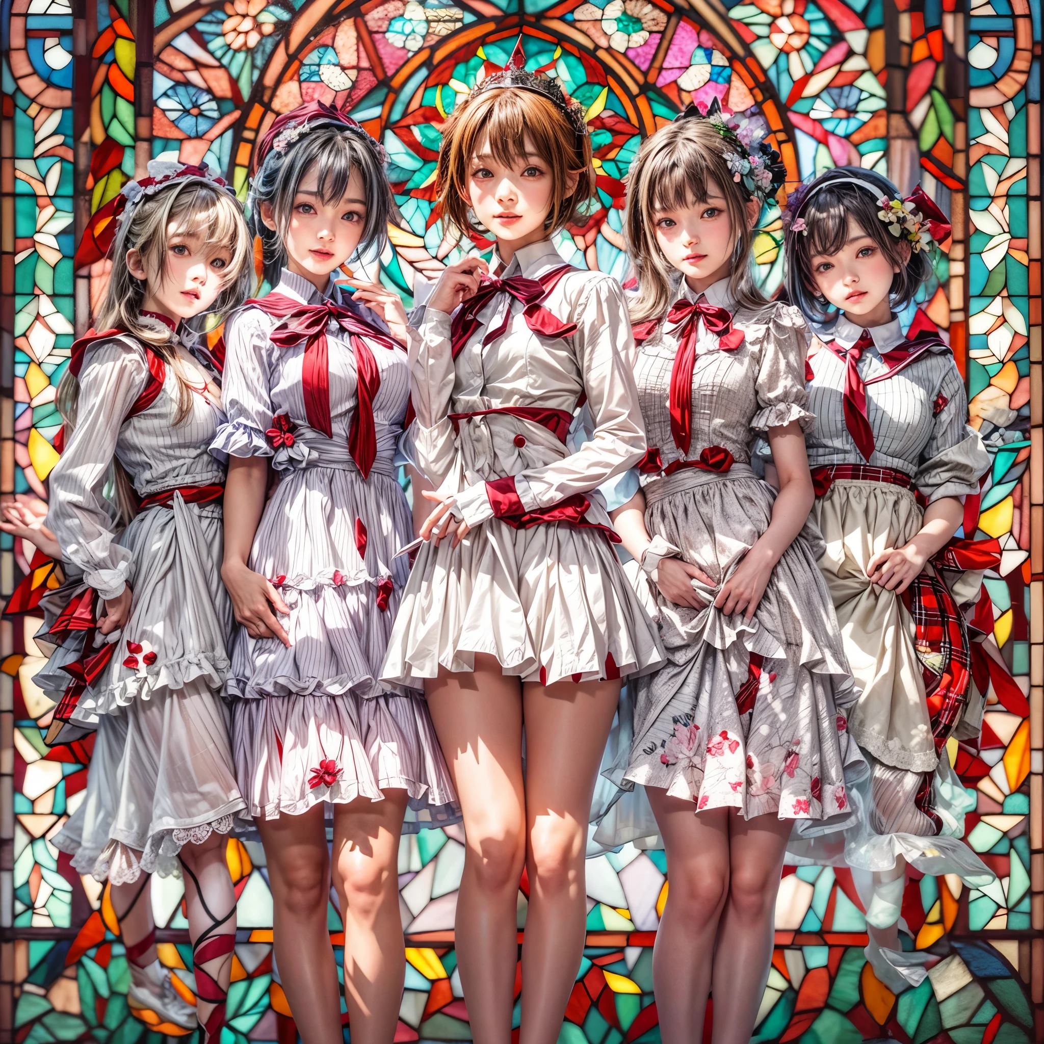 Three women in short dresses standing in front of a stained glass ...