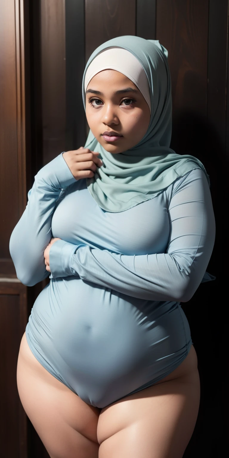 A pregnant woman in a blue hijab poses for a picture - SeaArt AI
