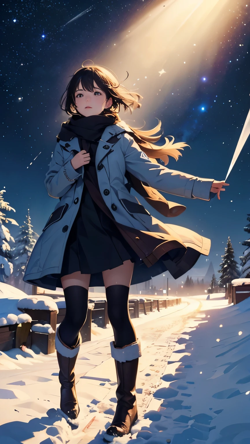 Anime girl in winter clothes holding a sword in the snow - SeaArt AI