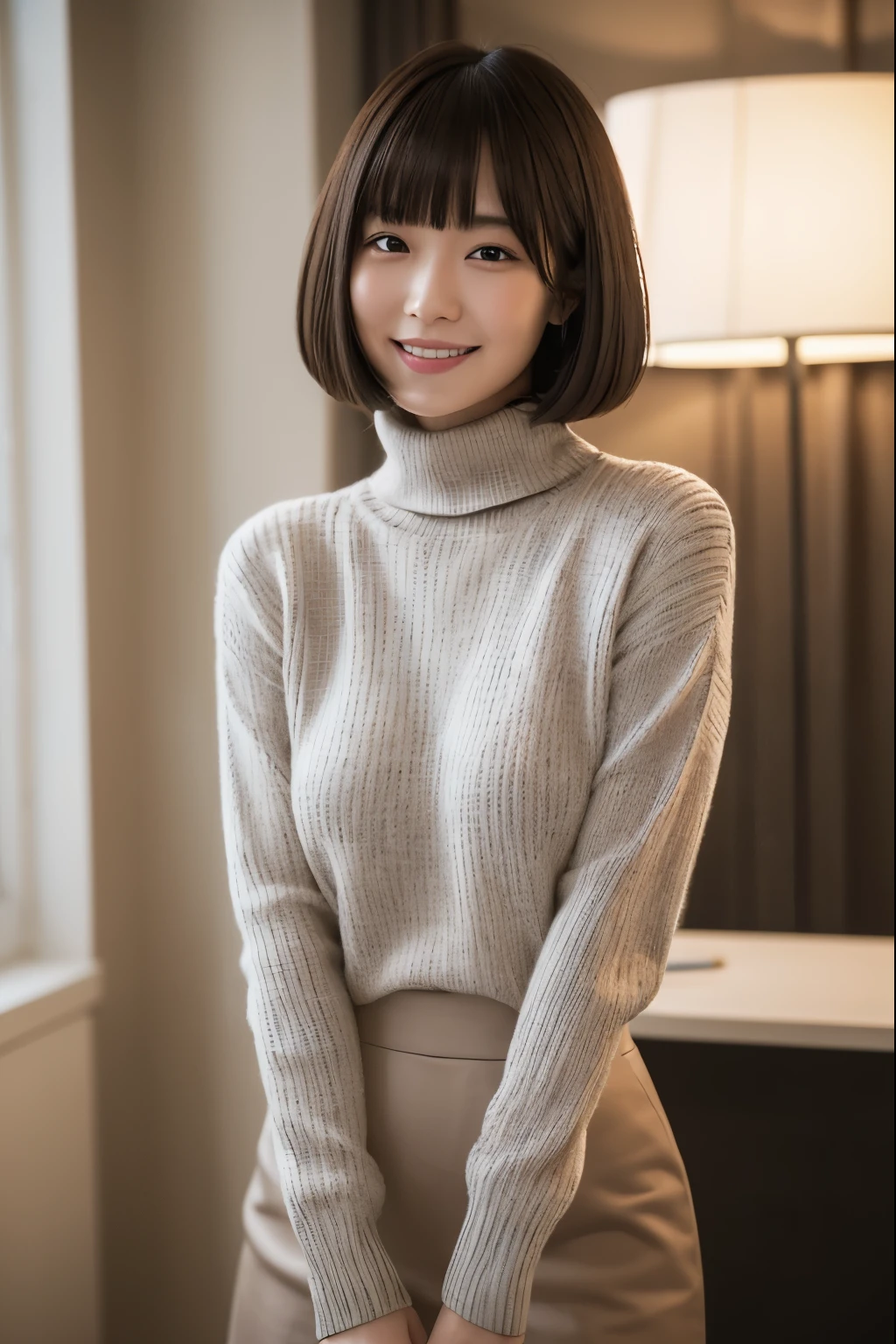 A woman in a white turtle neck sweater and skirt posing for a picture ...