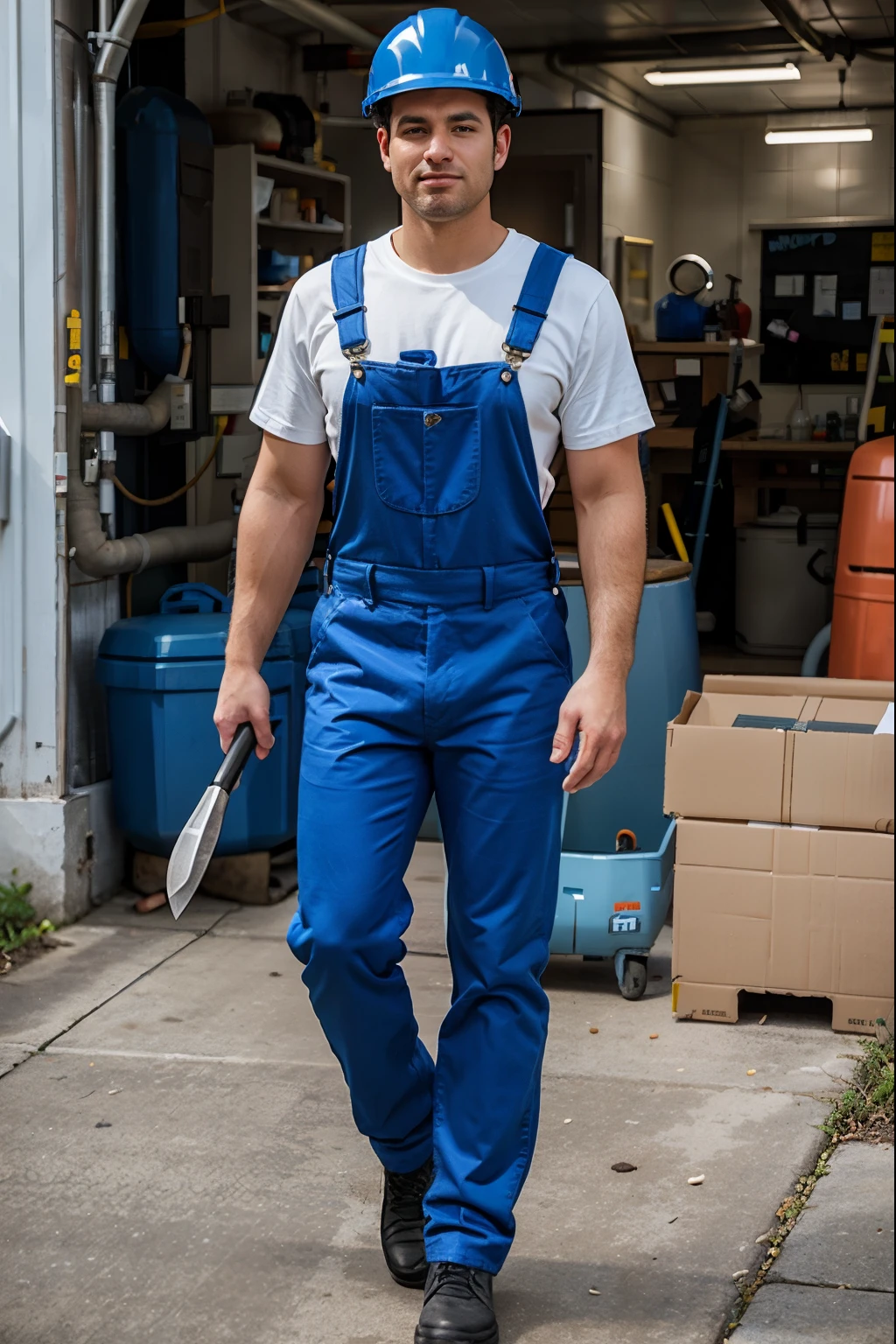Arafed man in blue overalls and a hard hat walking in a garage - SeaArt AI