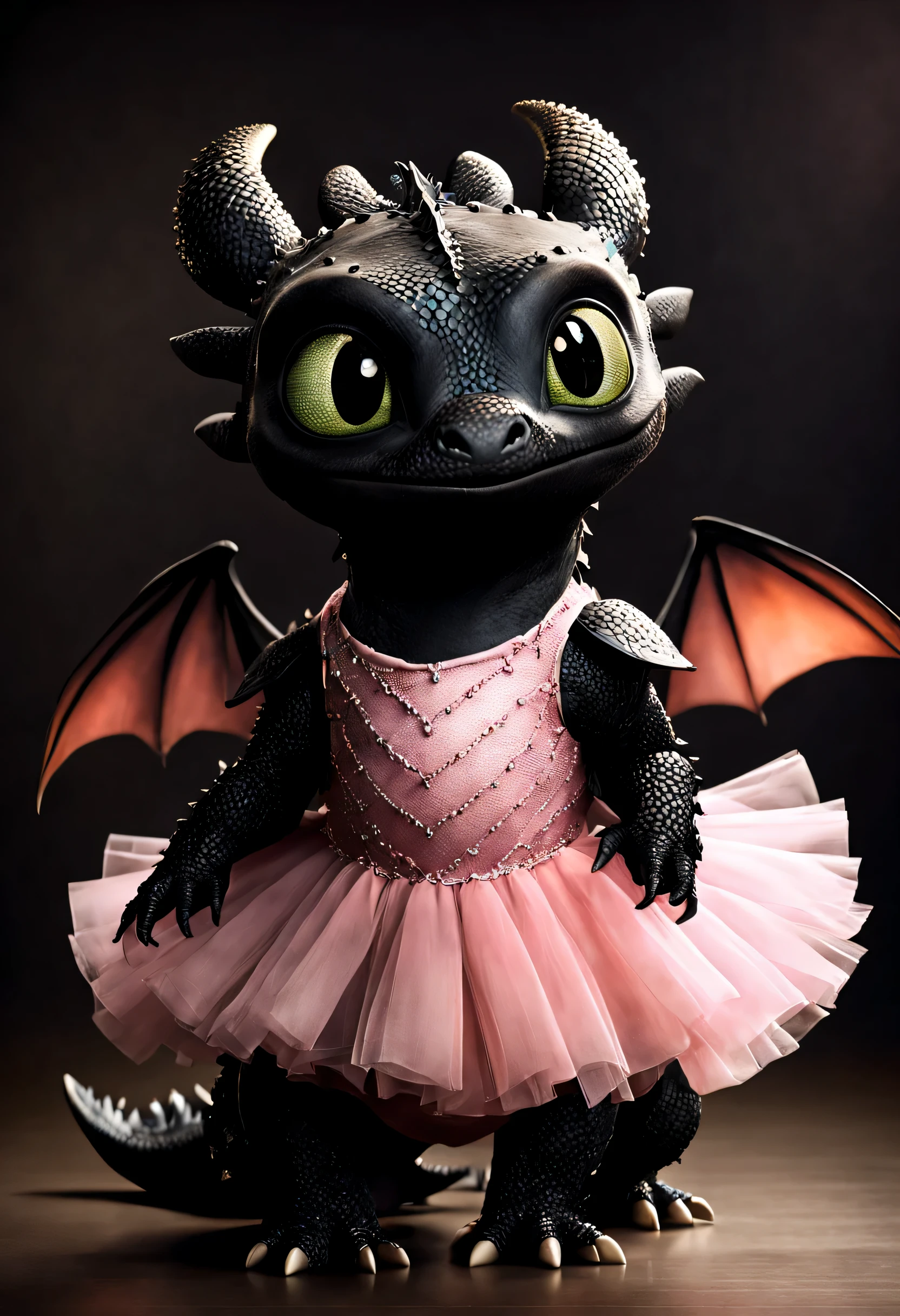 A close up of a small toy dragon dressed in a pink dress - SeaArt AI