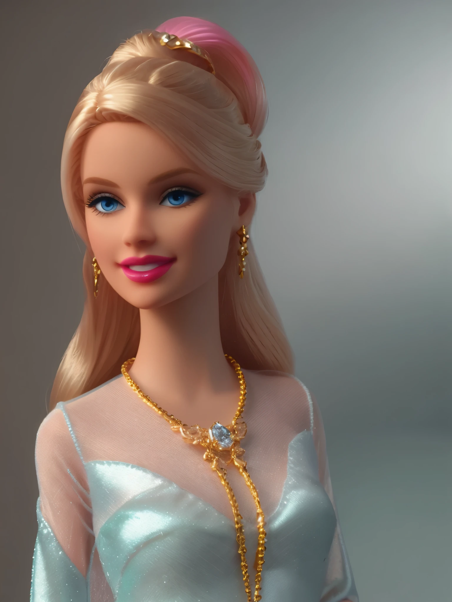 Barbie doll with a necklace and earrings on a gray background - SeaArt AI