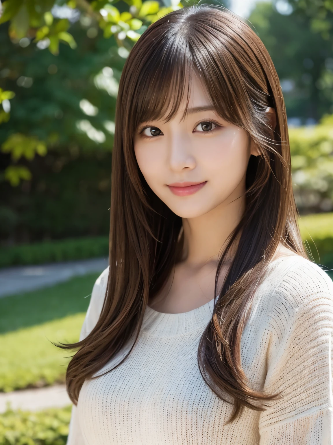 A woman with long hair and a white sweater posing for a picture - SeaArt AI