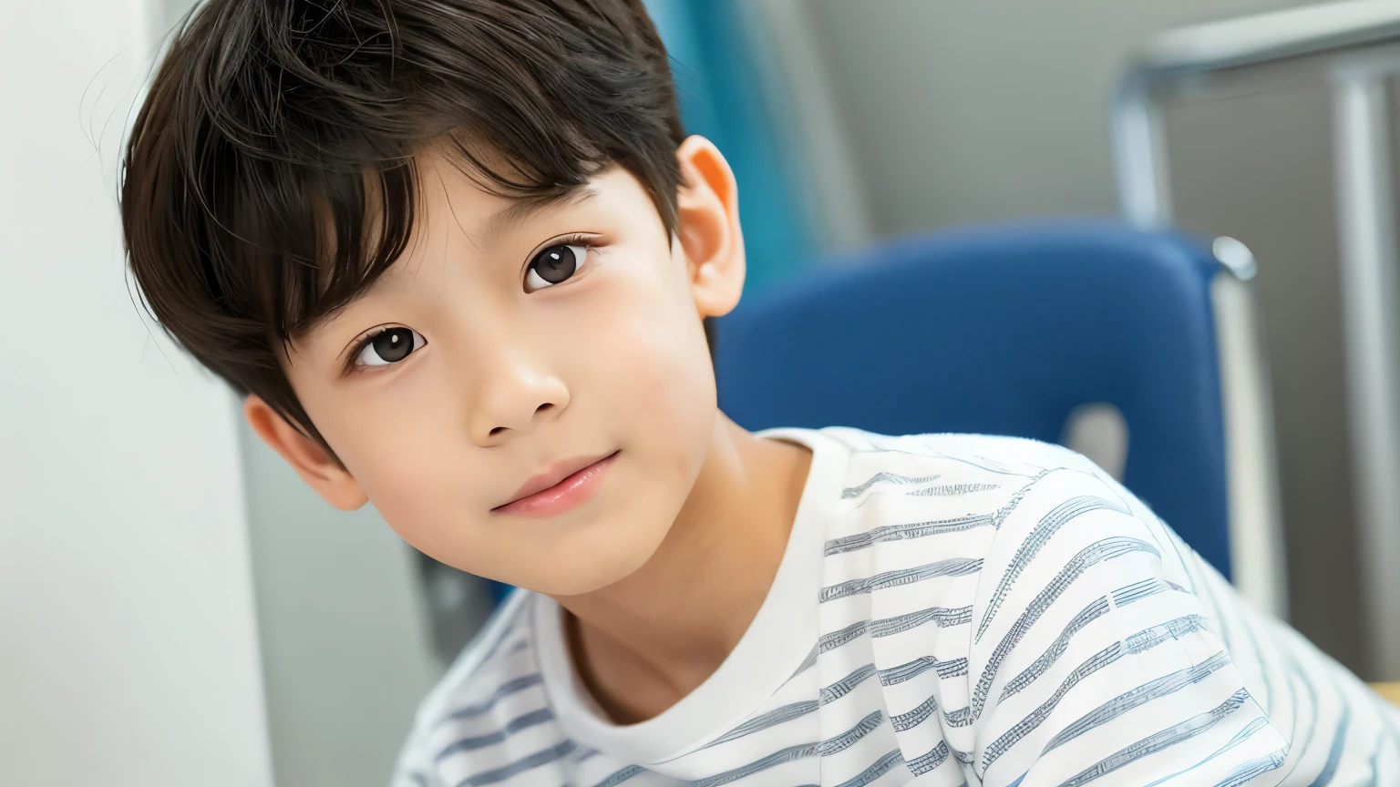 There is a young boy sitting at a table with a plate of food - SeaArt AI