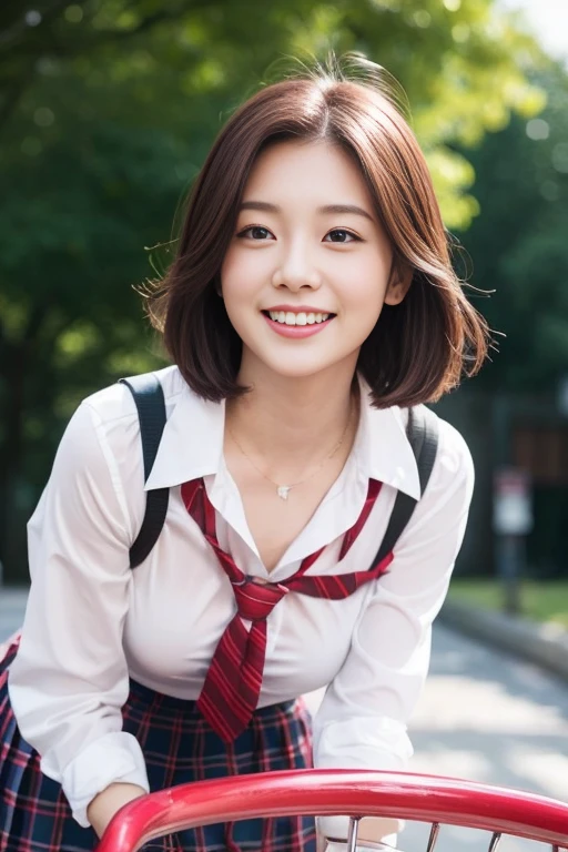 女の子1人、Blushing cheeks、Riding a red bike and shyly smiling、gazing at ...