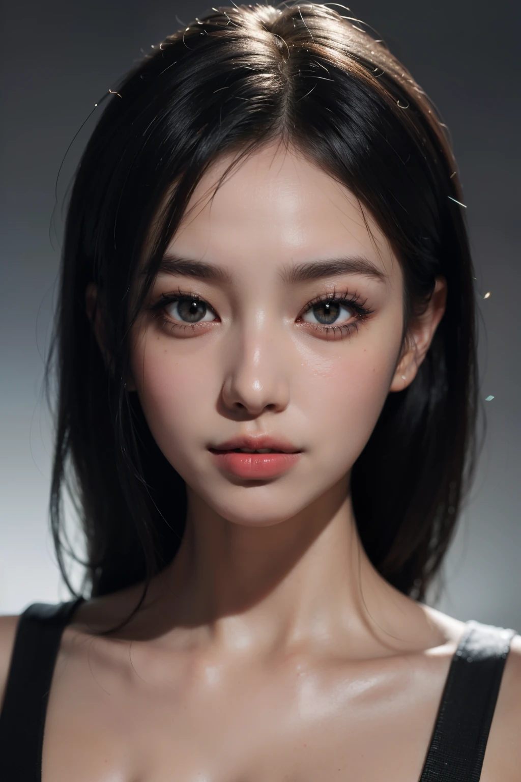 A woman with long black hair and a black bra top - SeaArt AI