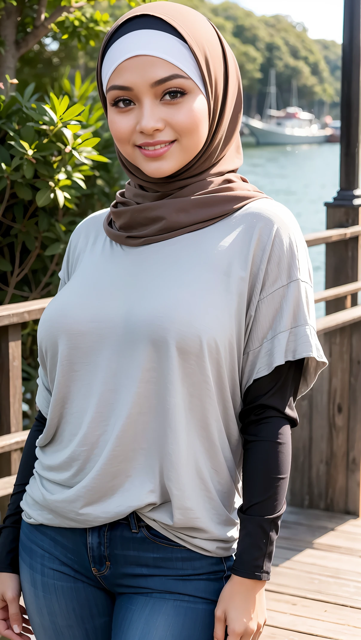 Arafed woman wearing a hijab standing on a wooden walkway - SeaArt AI