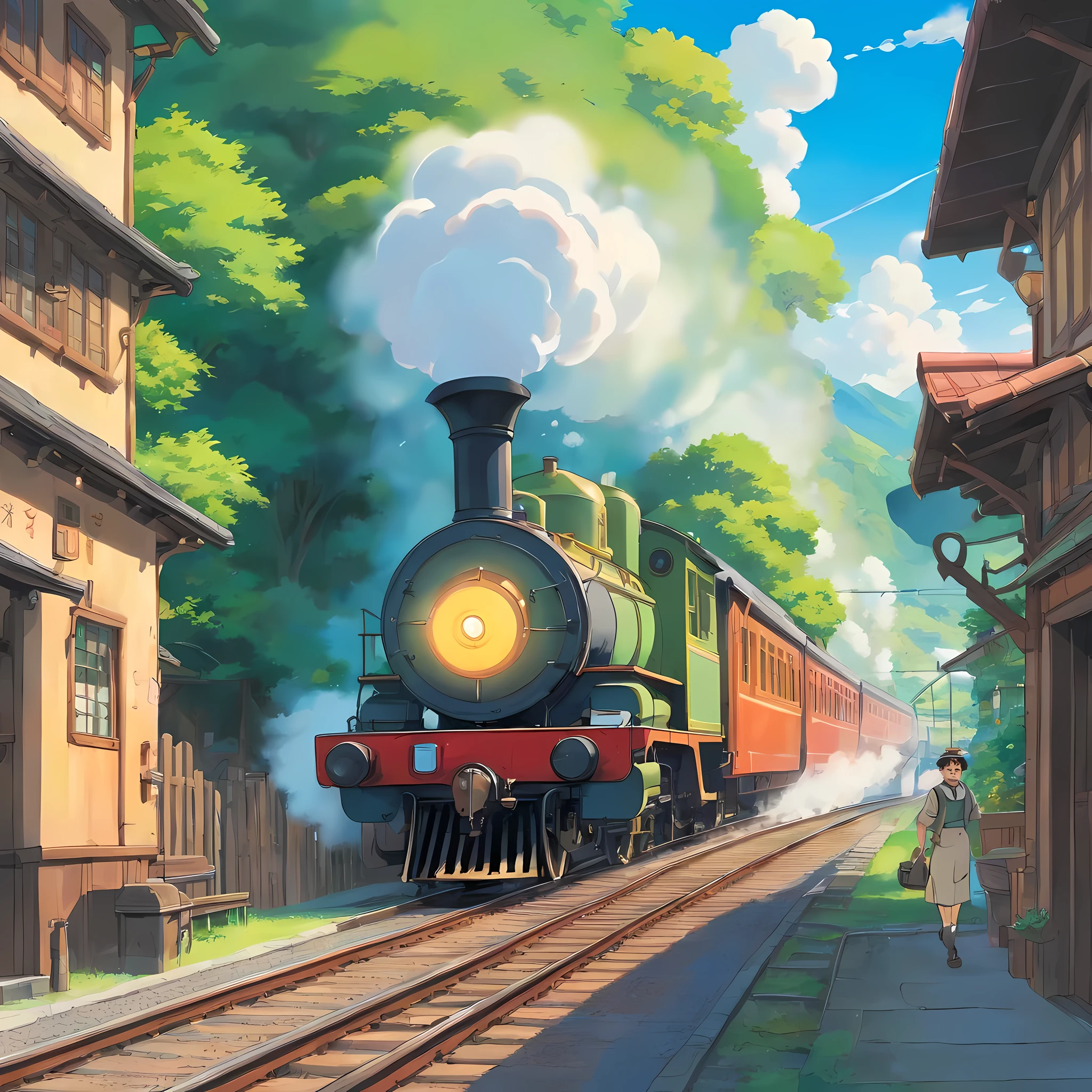 Anime train on tracks with people walking on side of it - SeaArt AI