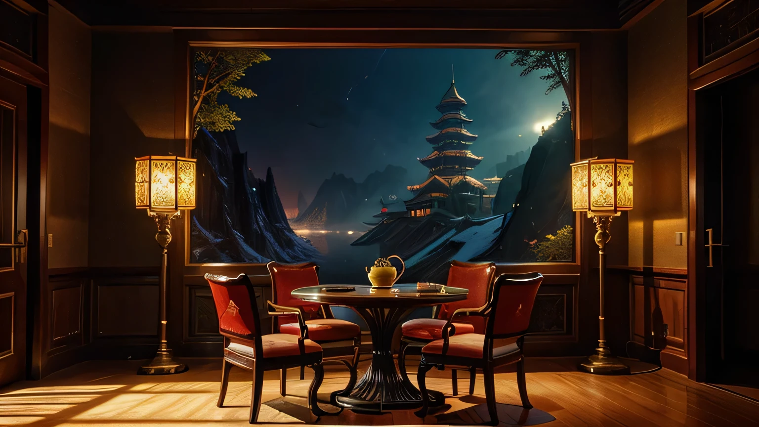 A close up of a table with chairs and a vase on it - SeaArt AI