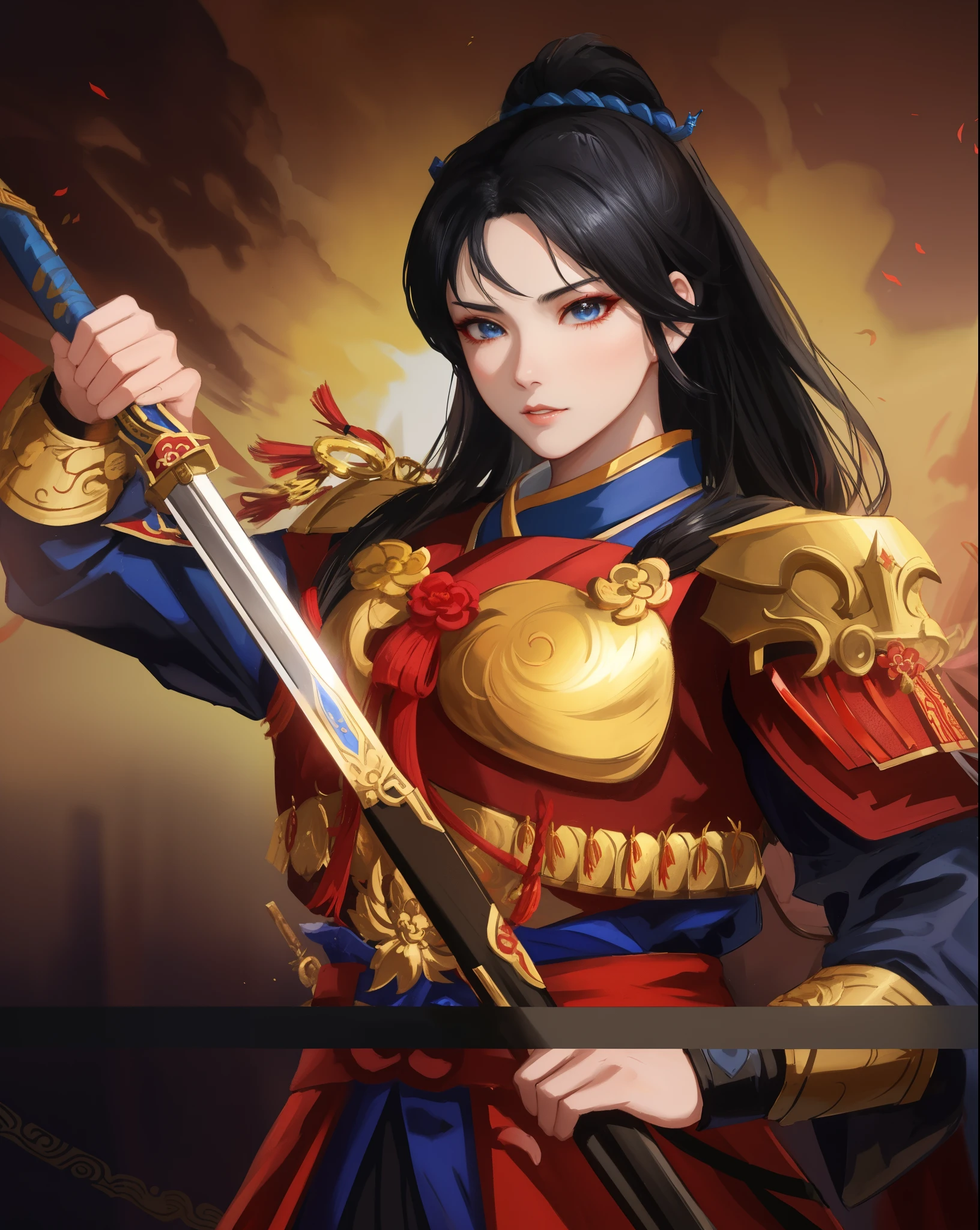 A woman in a red and blue outfit holding a sword - SeaArt AI