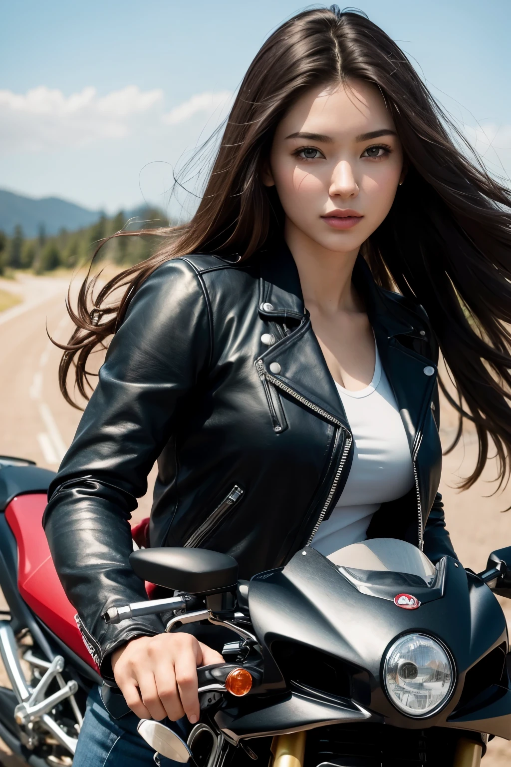 Woman in black leather jacket on motorcycle with mountains in ...