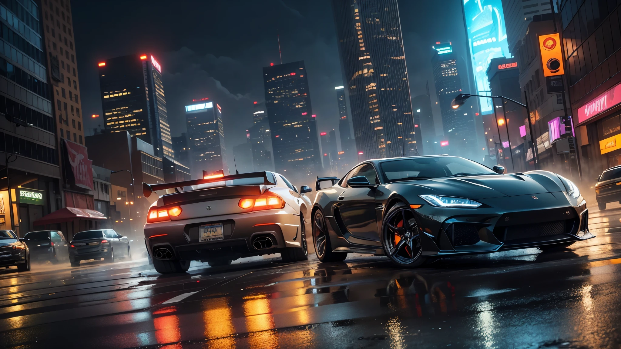 A couple of cars driving down a city street at night - SeaArt AI