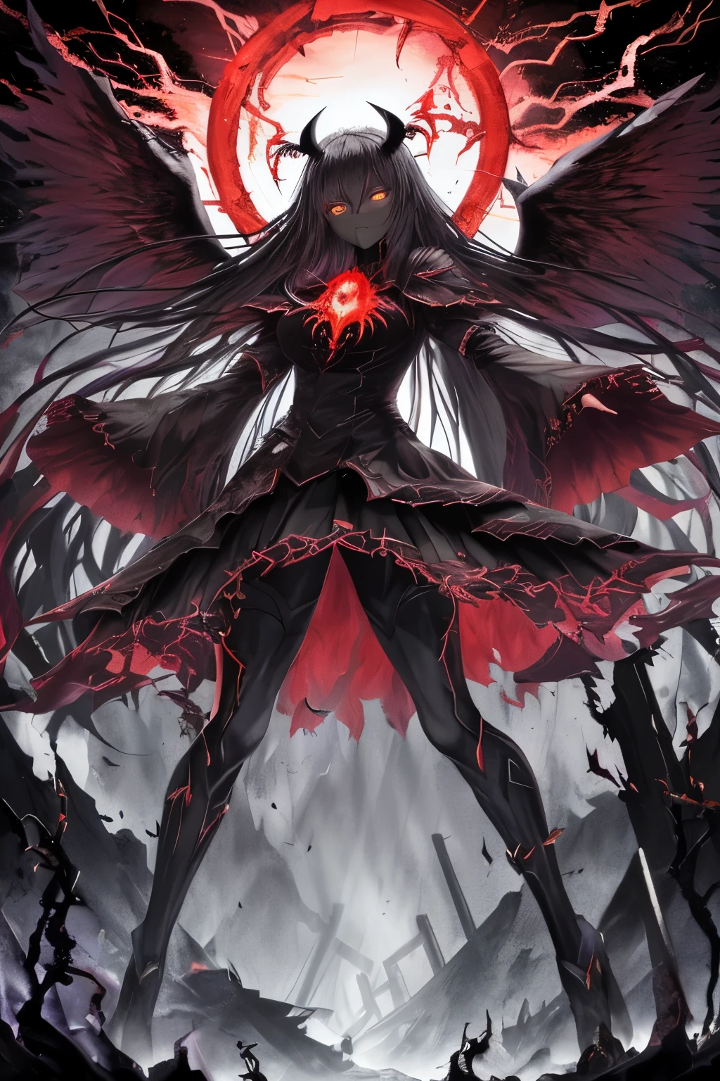 A woman with black hair and red eyes standing in front of a demonic ...