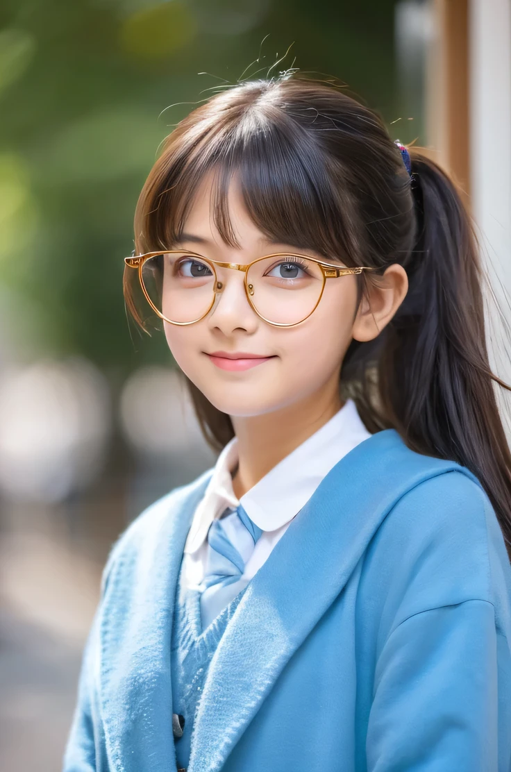 A close up of a young girl wearing glasses and a blue jacket - SeaArt AI