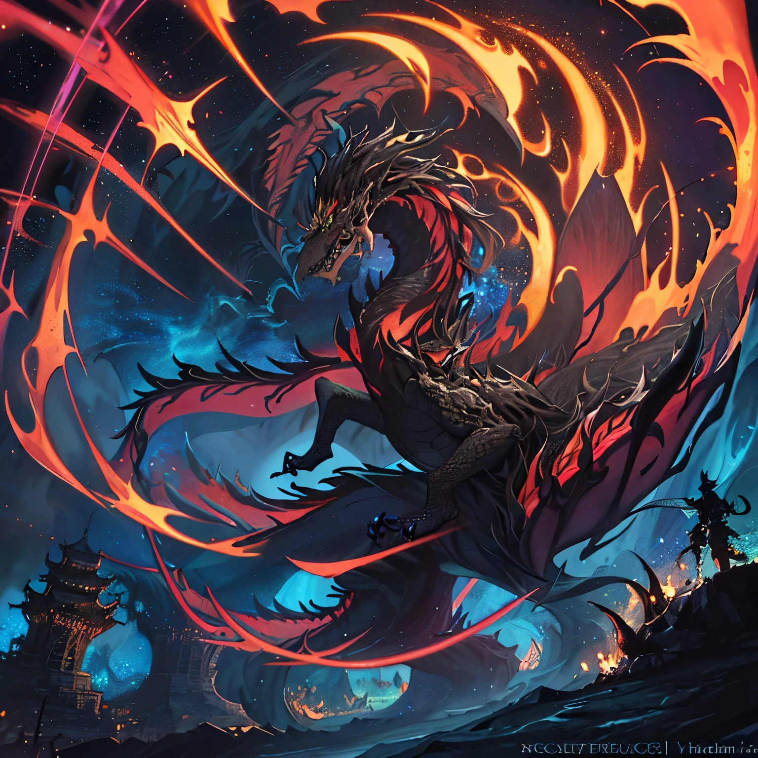 A dragon with a fire tail is flying through the air - SeaArt AI