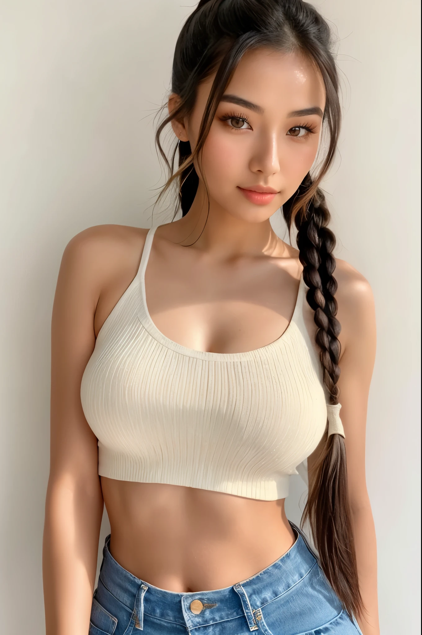 A woman with long hair wearing a white top and jeans - SeaArt AI