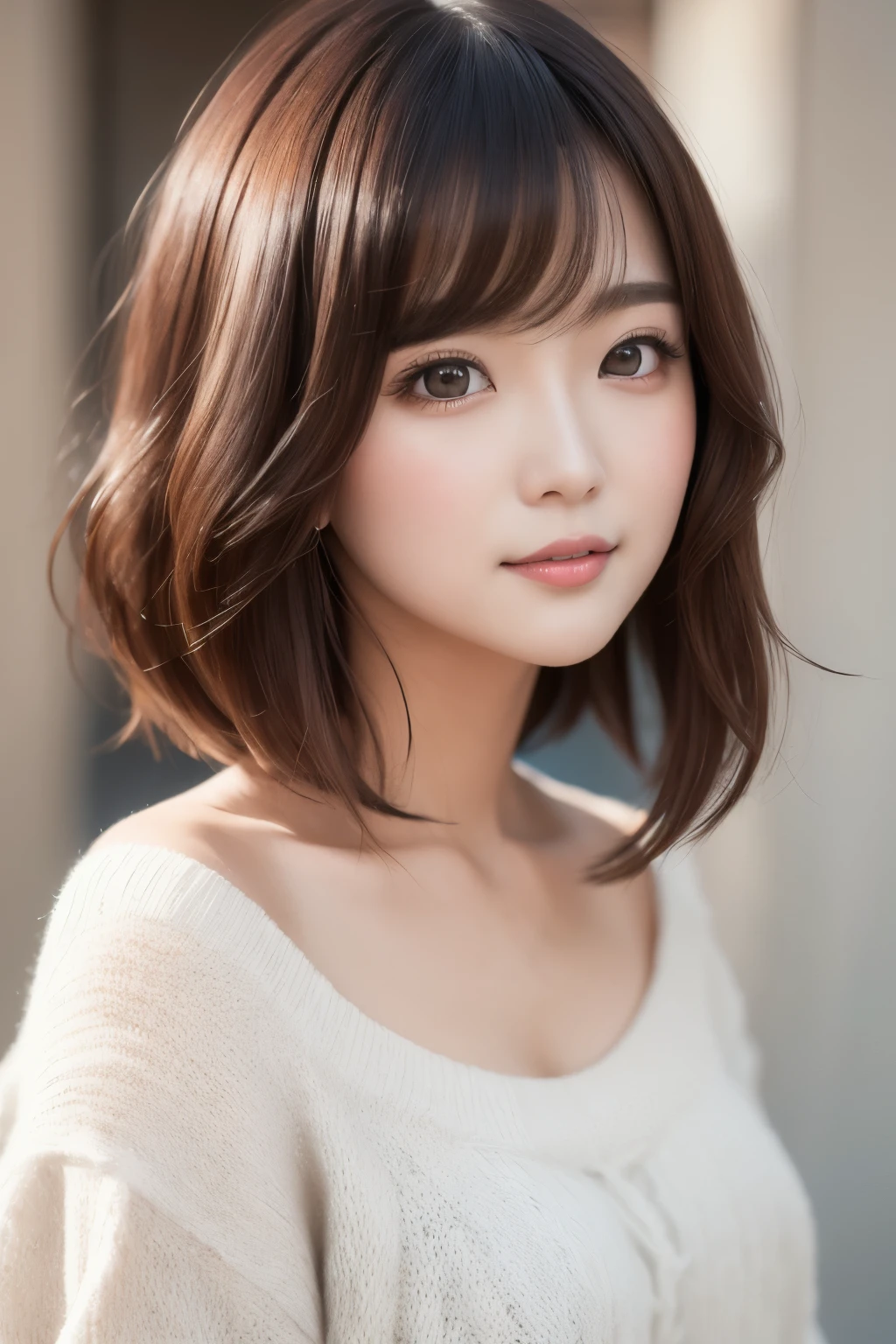 A woman with a short brown hair and a white sweater - SeaArt AI