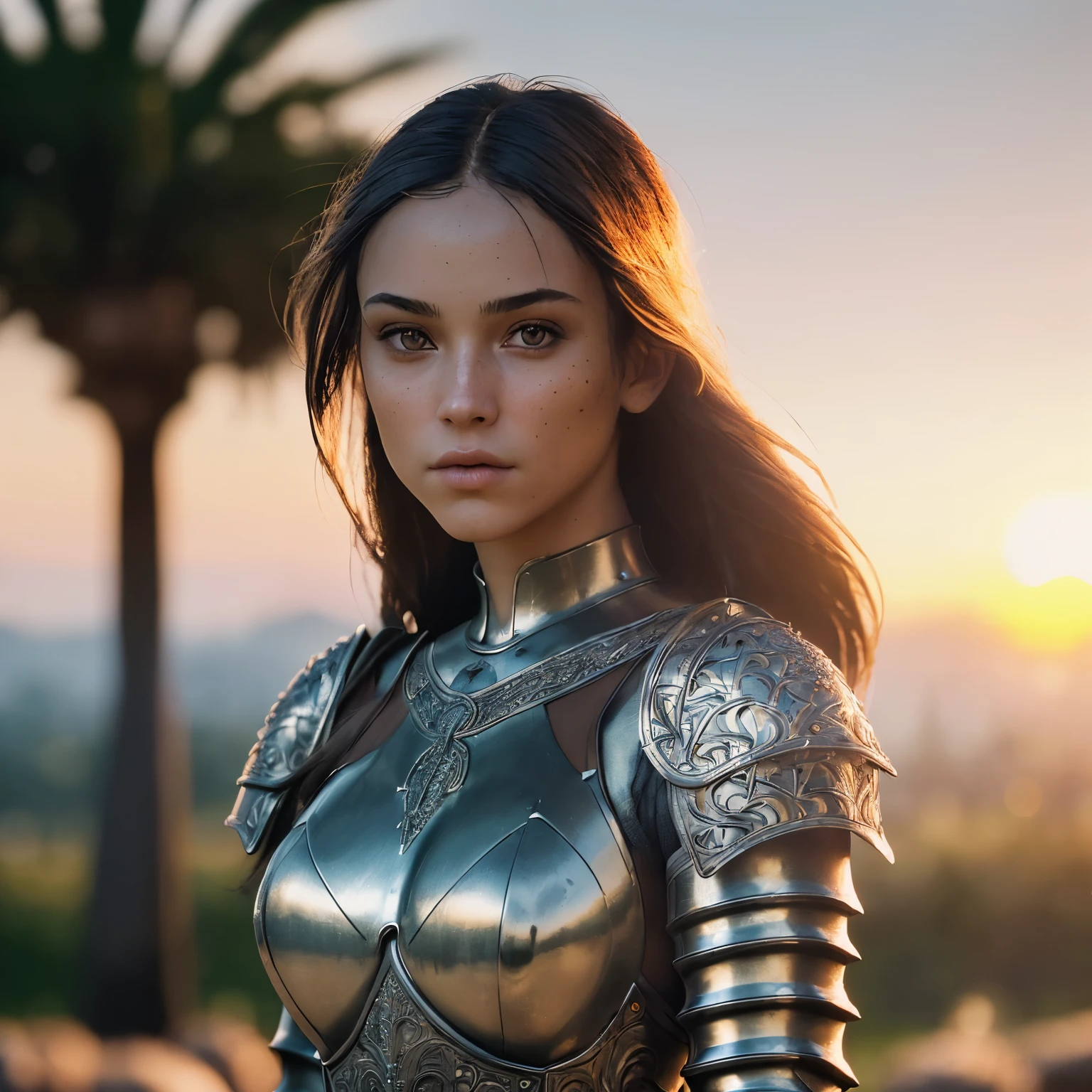 A woman in armor poses for a picture in front of a palm tree - SeaArt AI