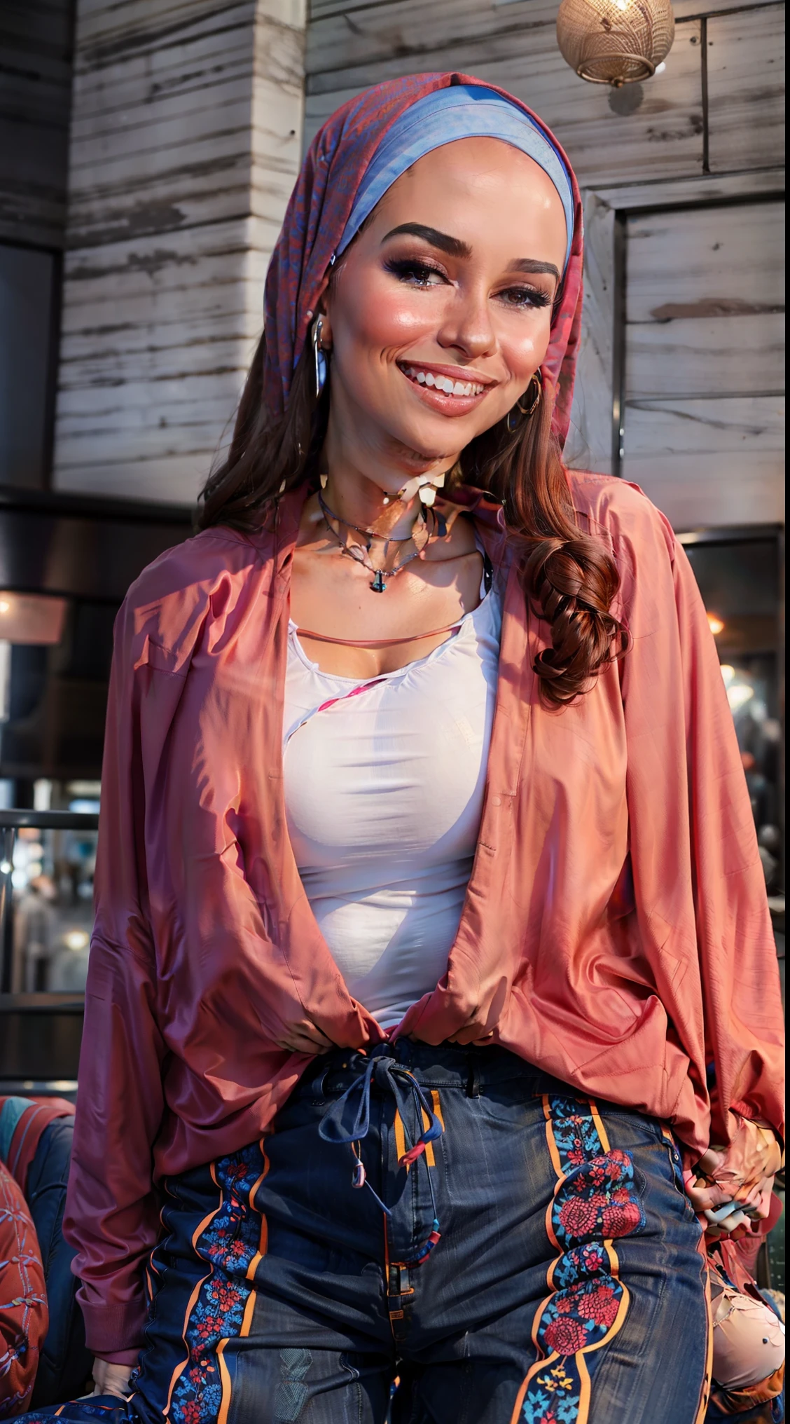 Arafed woman in a pink jacket and blue jeans posing for a picture ...