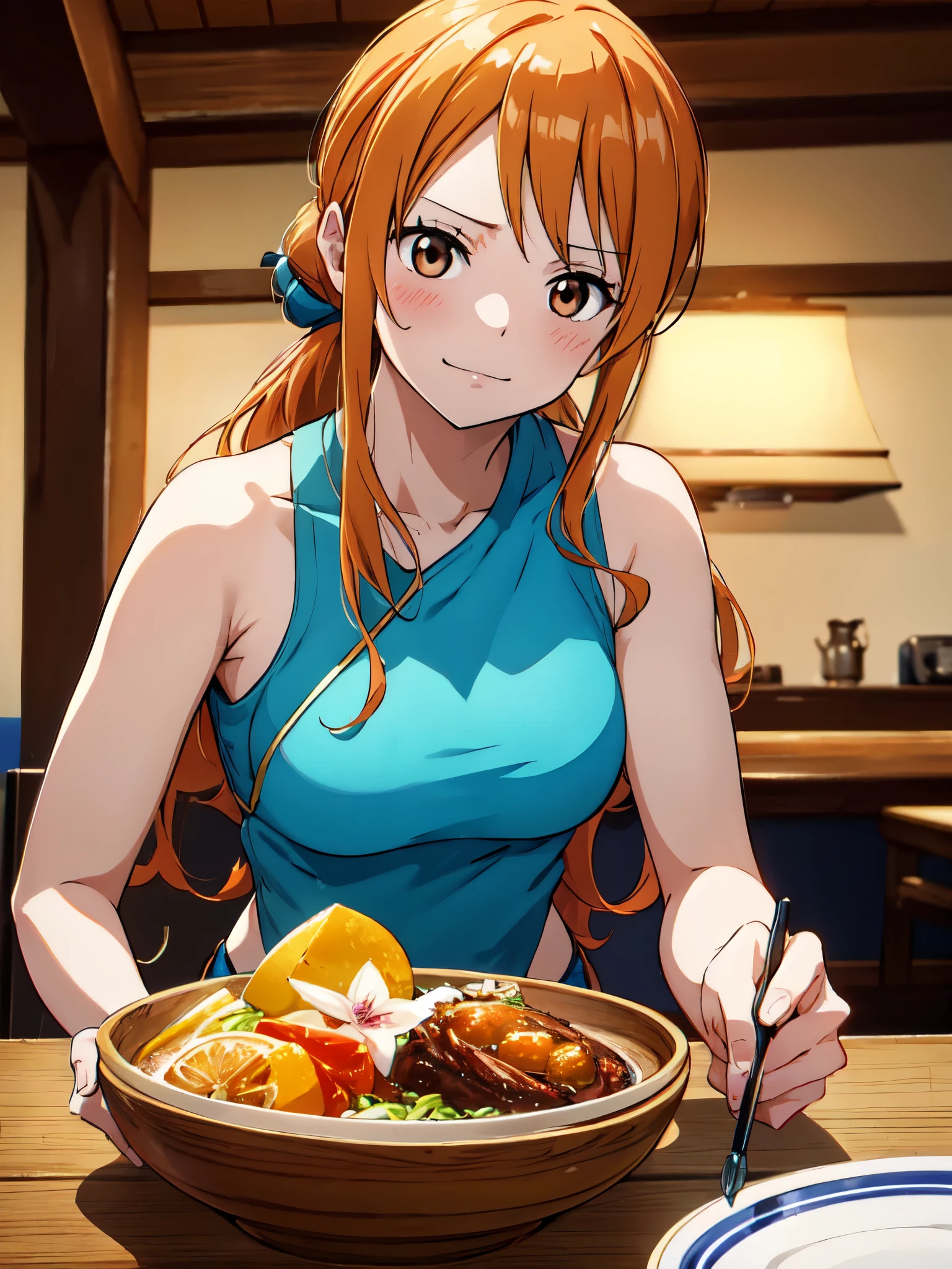 Anime girl sitting at a table with a plate of food - SeaArt AI