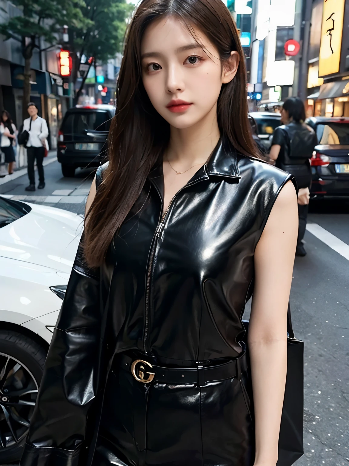 Araffe woman in a black leather jacket and black pants - SeaArt AI