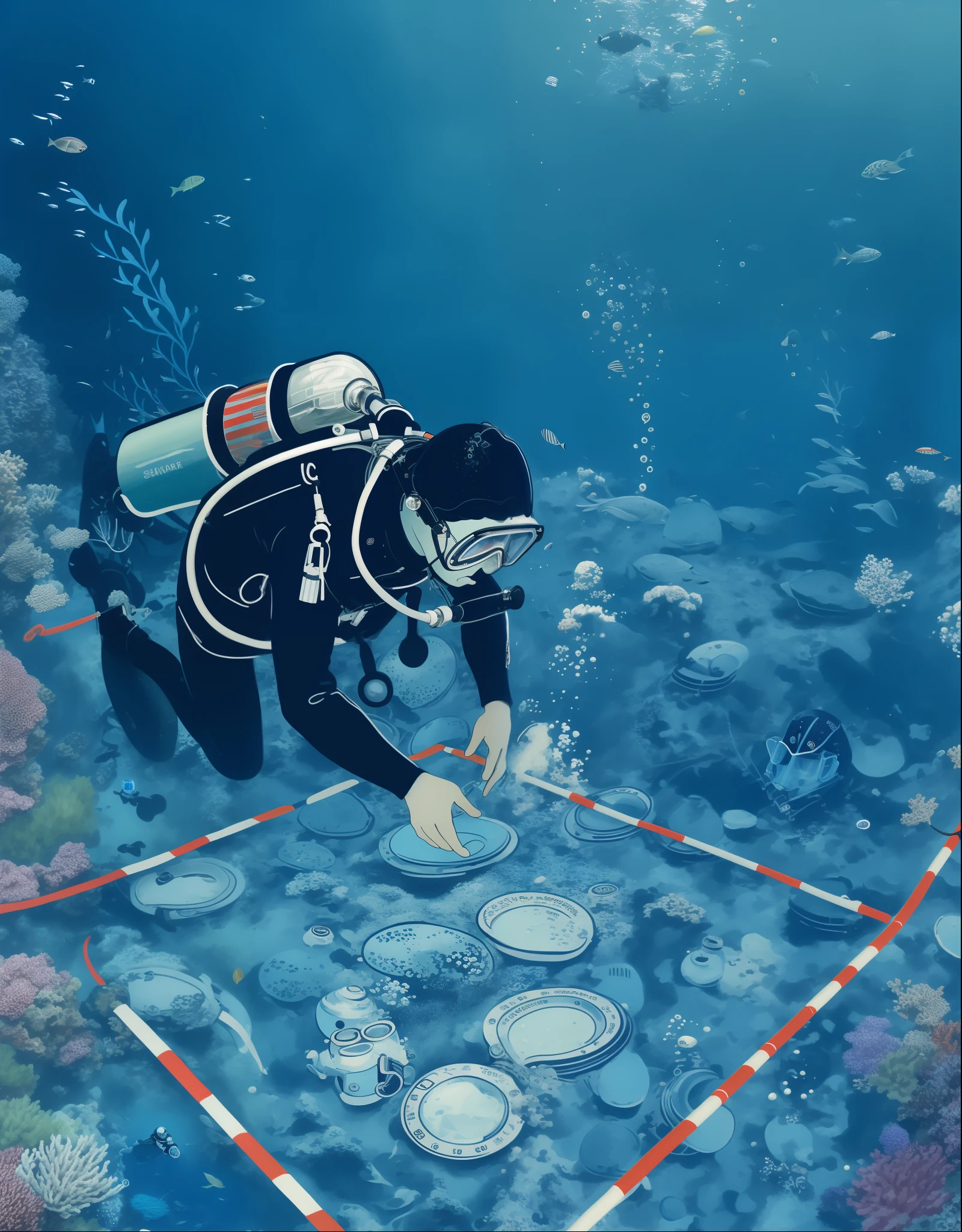 Painting of a man in a scuba suit and helmet diving in a coral reef ...