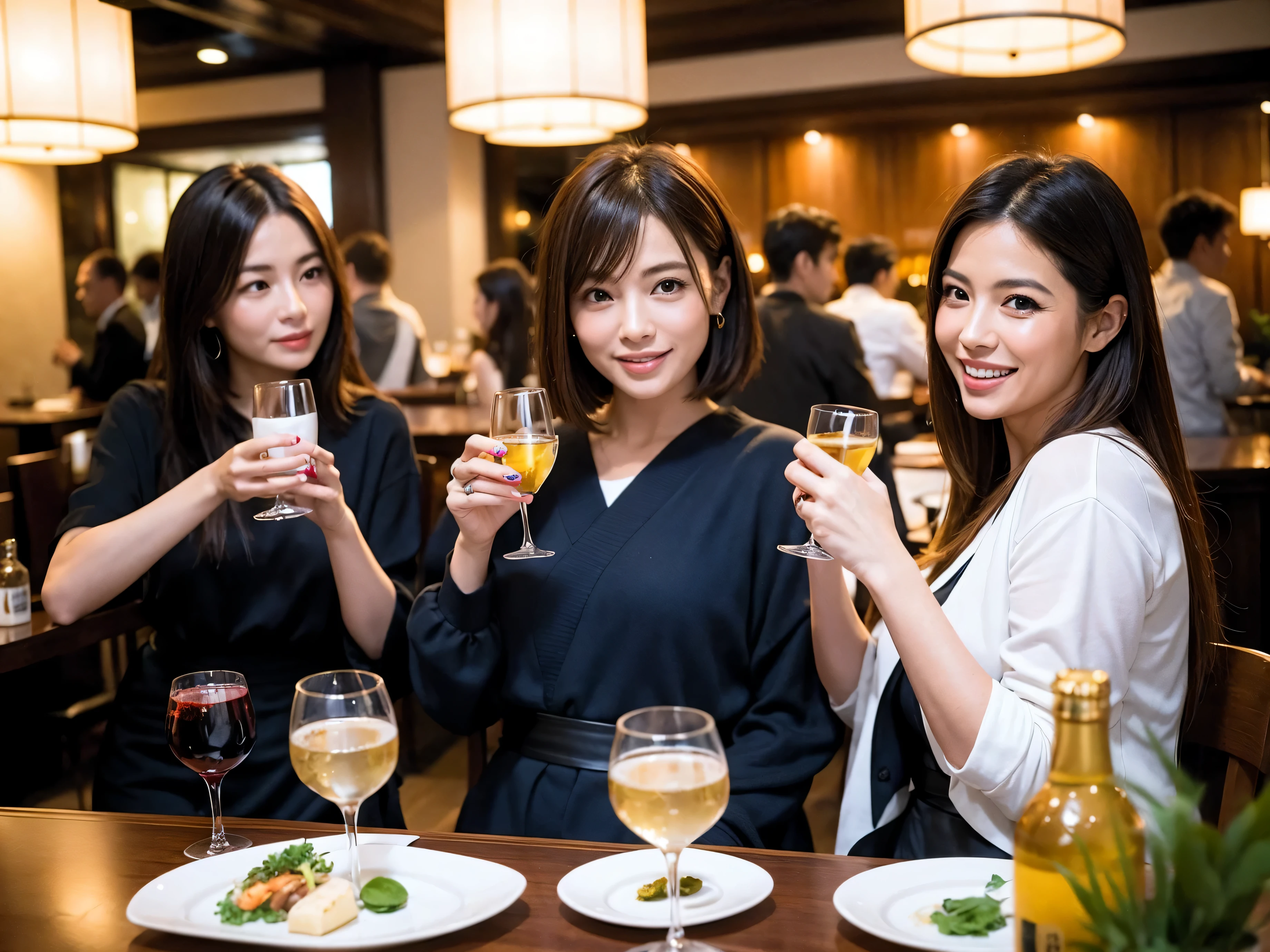 Three women are holding wine glasses and posing for a picture - SeaArt AI