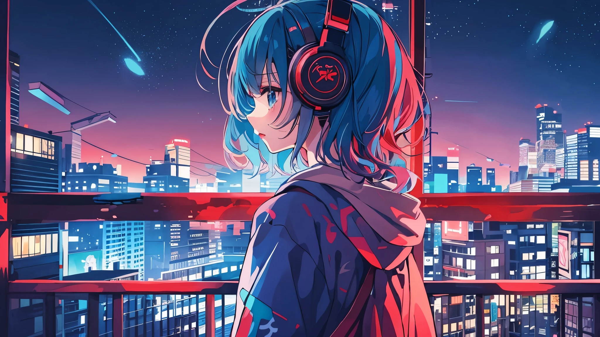 A woman with headphones on looking out over a city at night - SeaArt AI