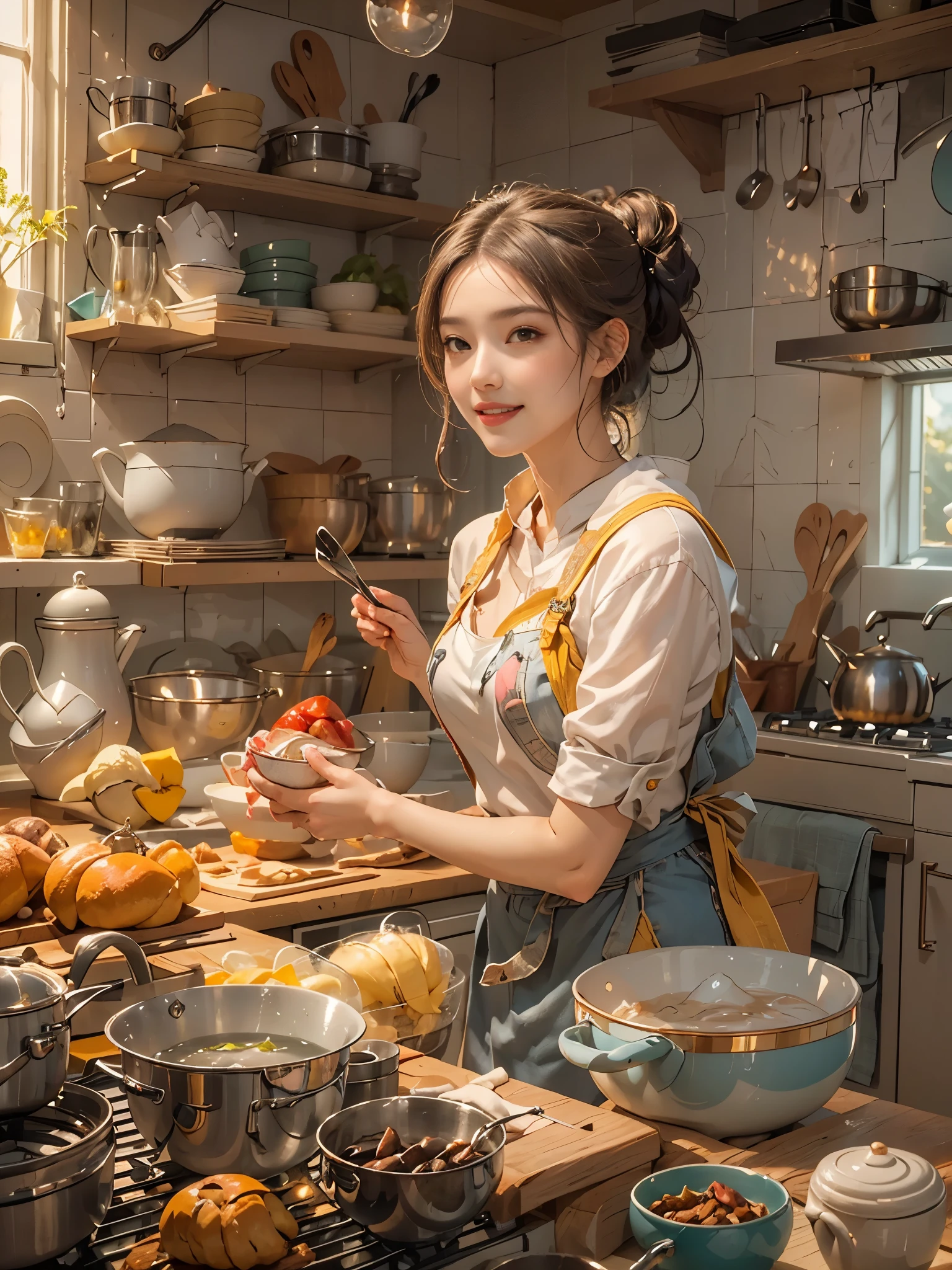 There is a woman standing in a kitchen with a variety of food - SeaArt AI