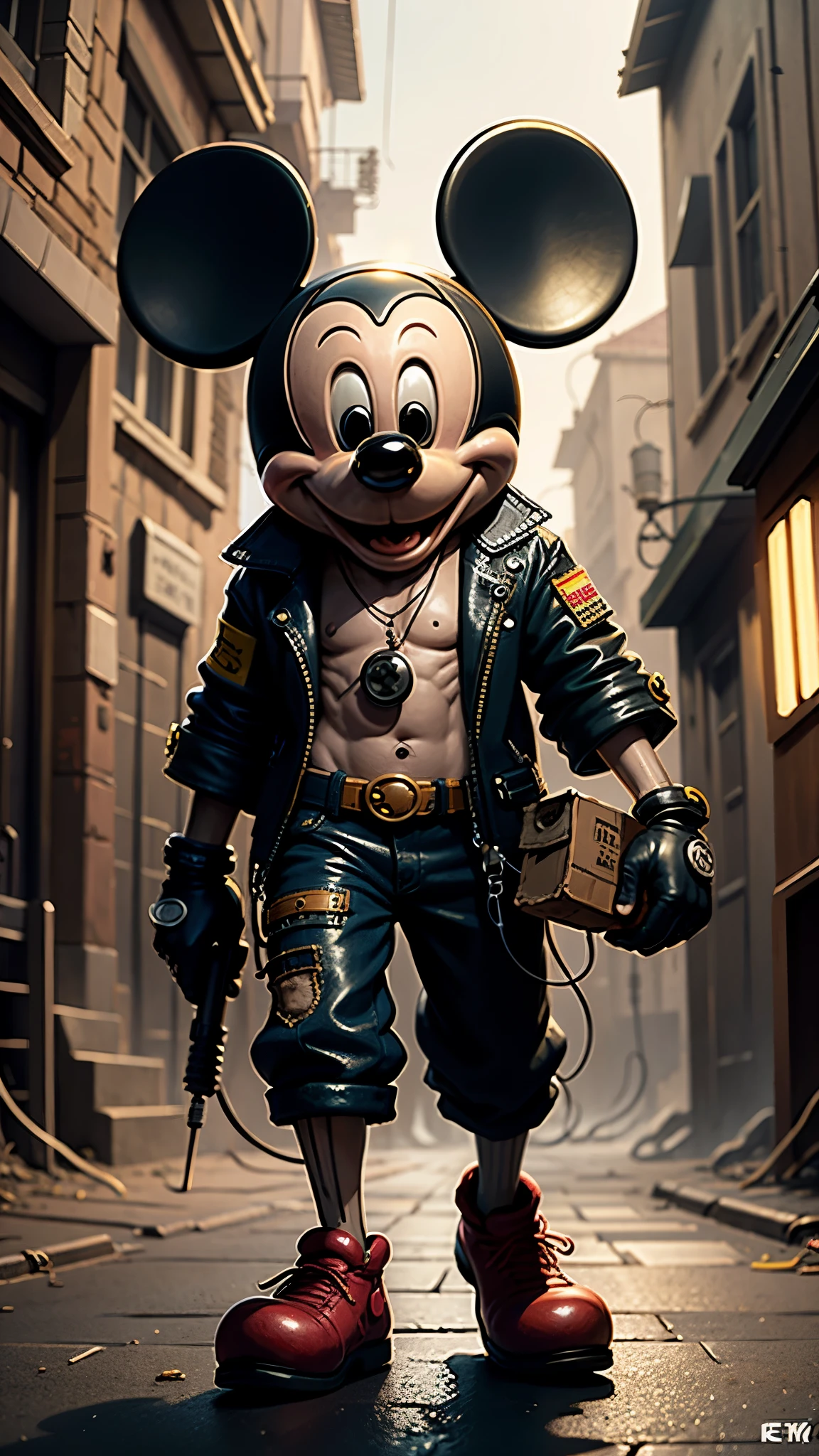 Mickey mouse in a leather jacket and red shoes walking down a street ...