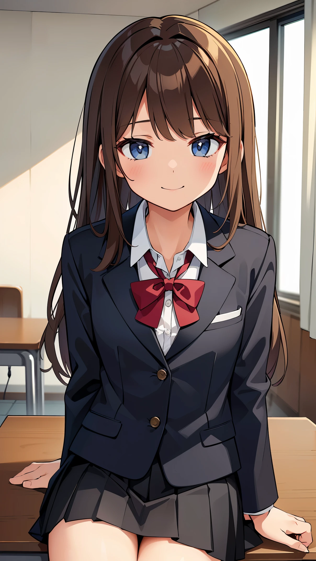 Anime girl in a school uniform sitting on a desk - SeaArt AI