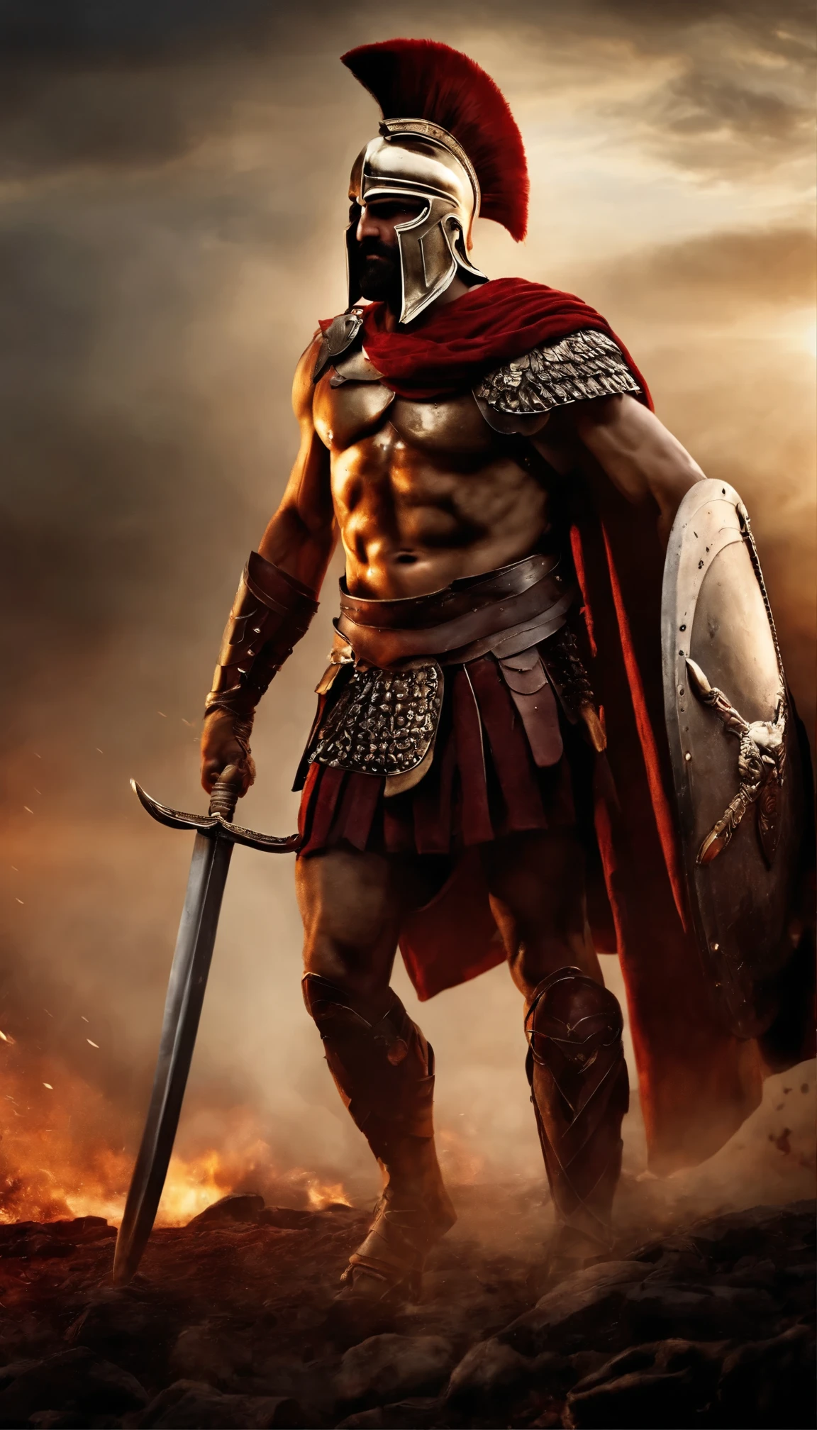 Arafed spartan warrior with sword and shield standing on a rocky hill ...