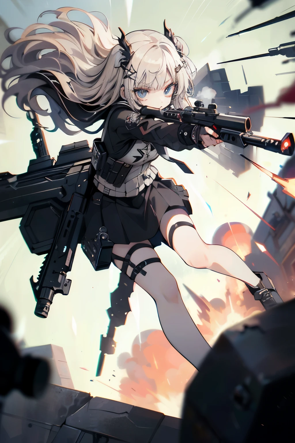 Anime girl with gun and machine gun in the air - SeaArt AI