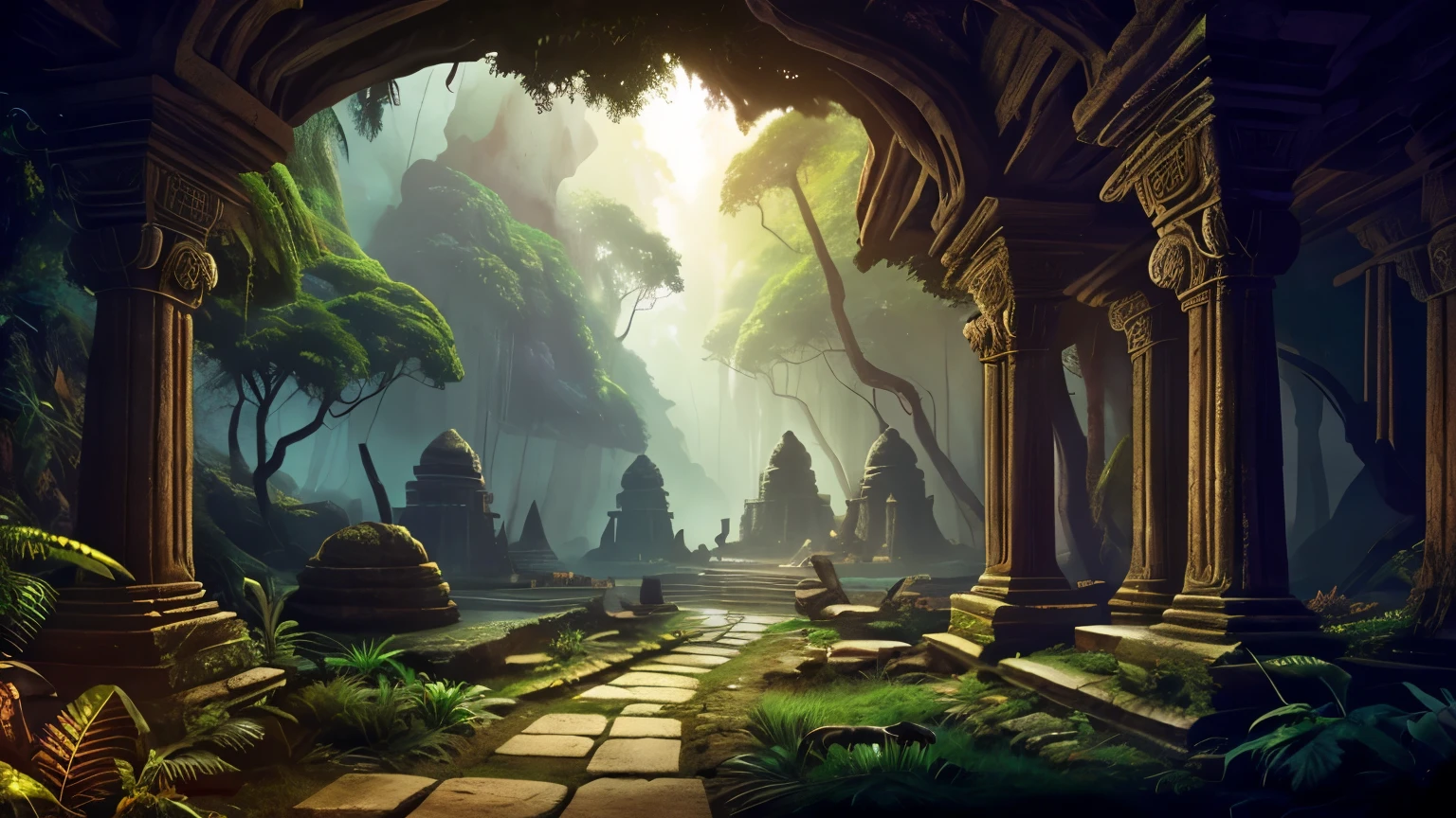 A painting of a forest with a stone path and a stone archway - SeaArt AI
