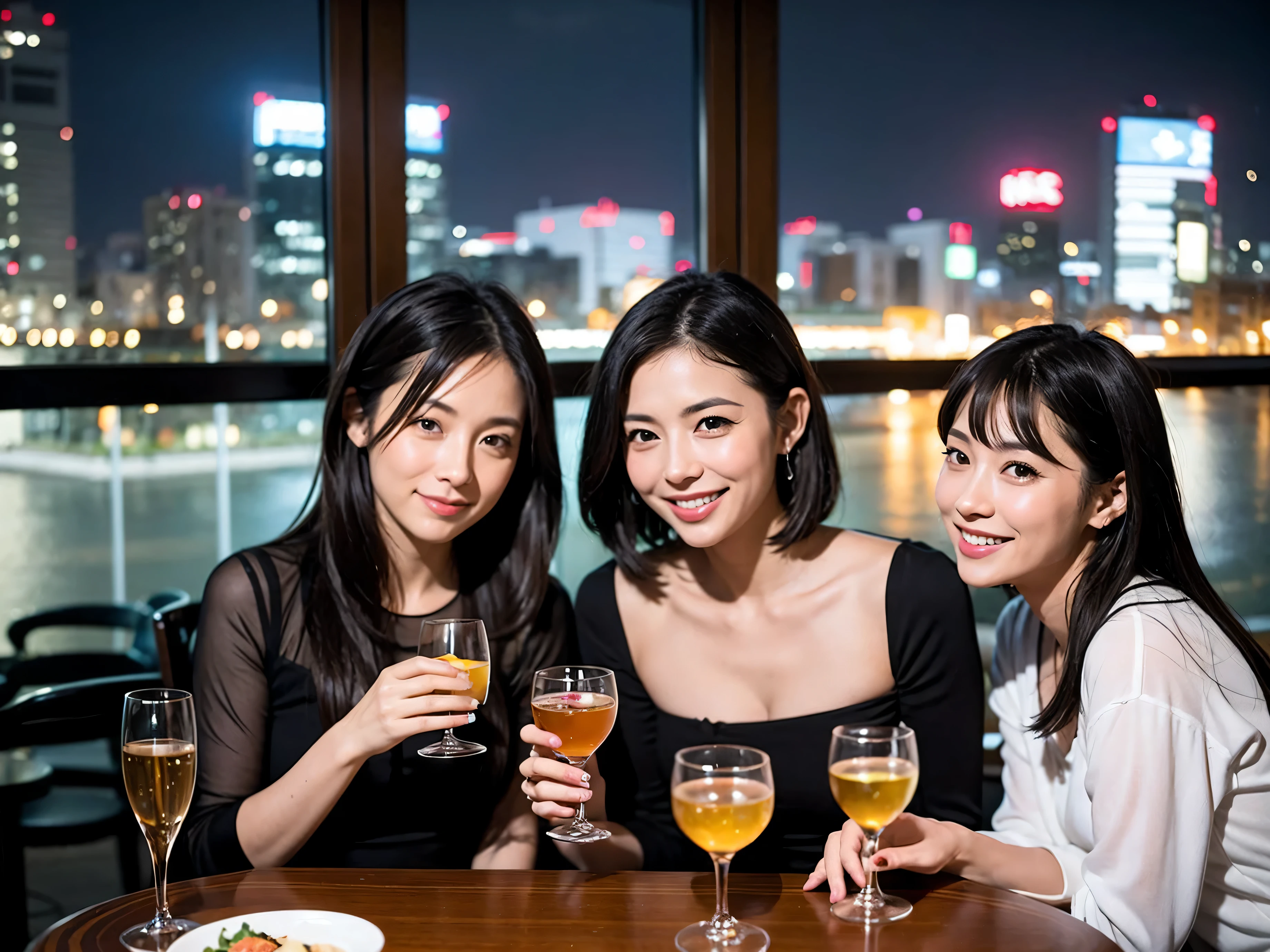 Three women sitting at a table with wine glasses in front of them ...