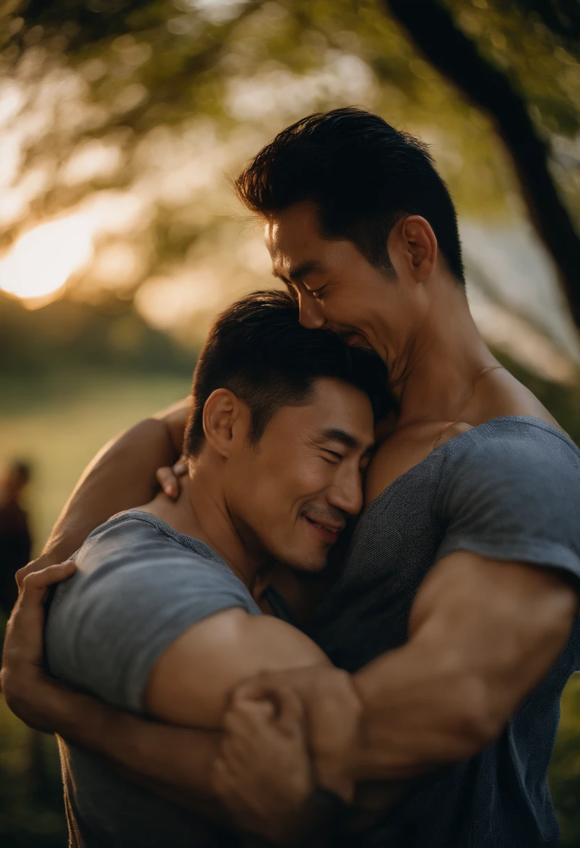 Two men hugging and kissing、30 years old、male、Japanese、very handsome ...