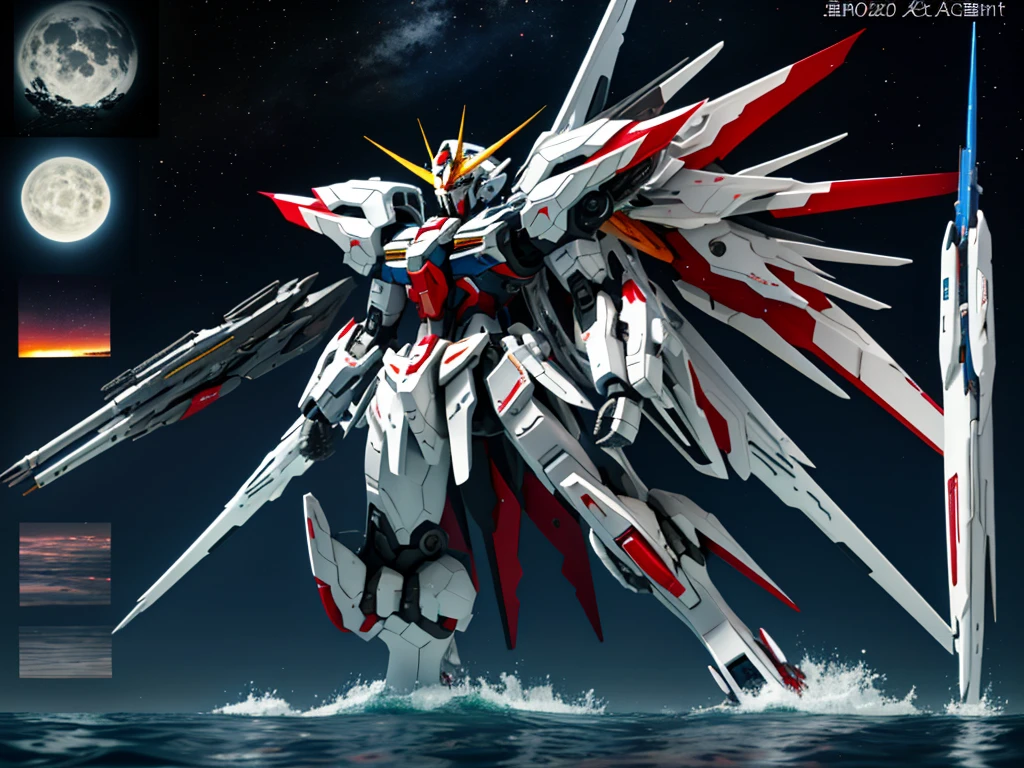 New launch century Gundam X、big moon、lake surface、Floating on the water ...