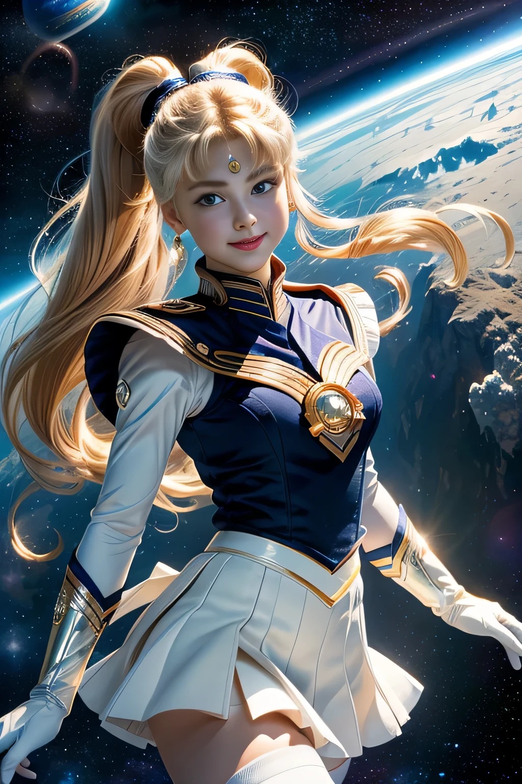 A woman in a sailor outfit is standing in front of a planet - SeaArt AI