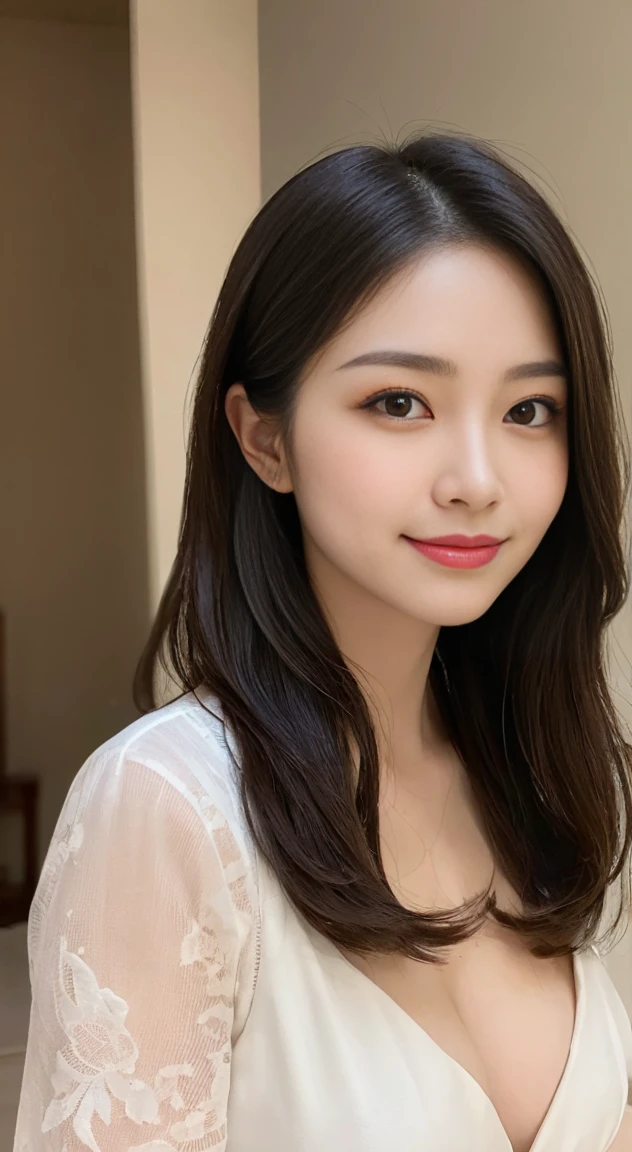 She has long silky black hair, slightly curled at the ends, creating a ...