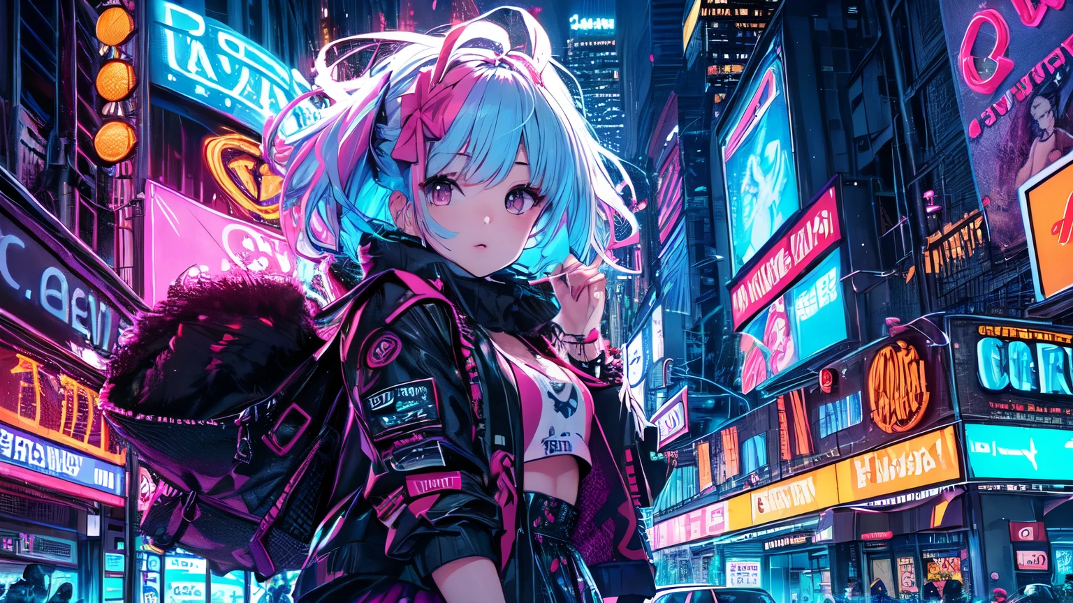 A woman in a neon city with neon signs and neon lights - SeaArt AI