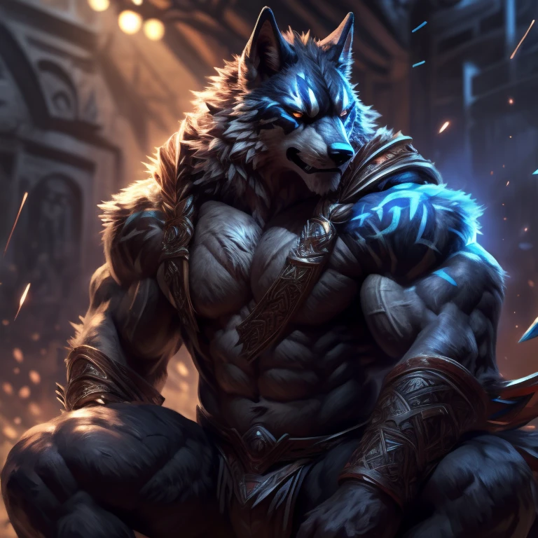 (Wolf), Humanity, male, ((black body)), fur, Tail, muscle, Handsome ...