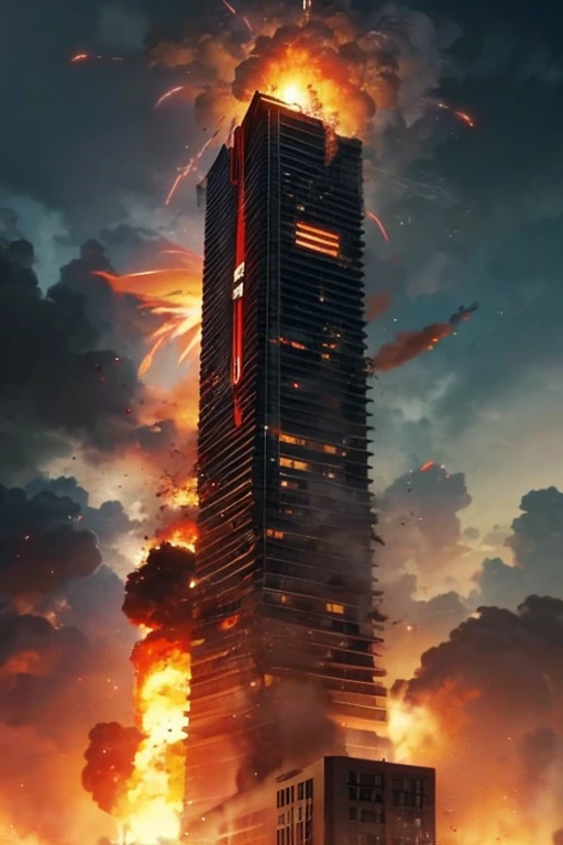 Flames coming from the building，and emit smoke, anime machine gun fire ...