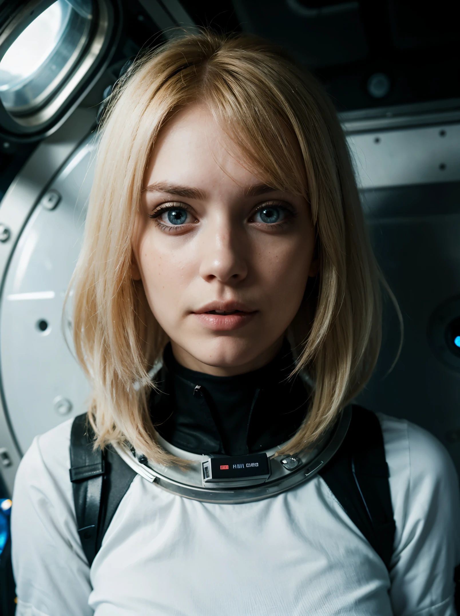 A woman in a space suit standing in front of a machine - SeaArt AI