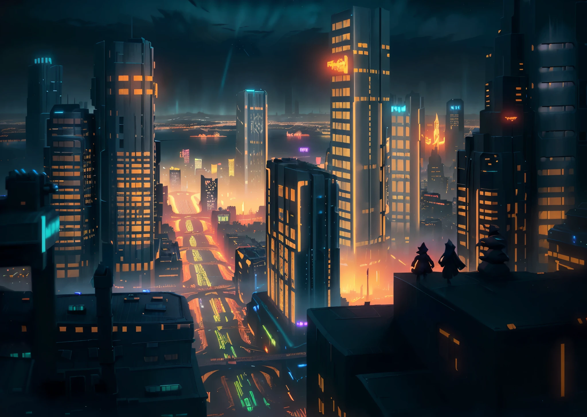 A close up of a city at night with a person sitting on a ledge - SeaArt AI